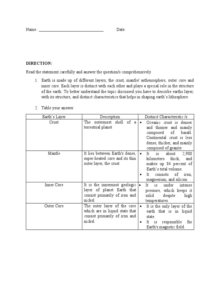 Activity On The Layers of The Earth 1 | PDF | Earth | Crust (Geology)