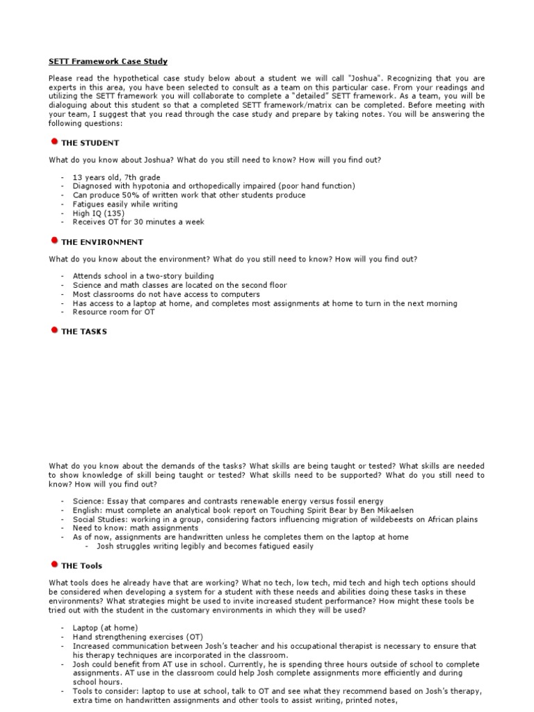 Sett Framework Joshua Case Study | PDF | Classroom | Teachers