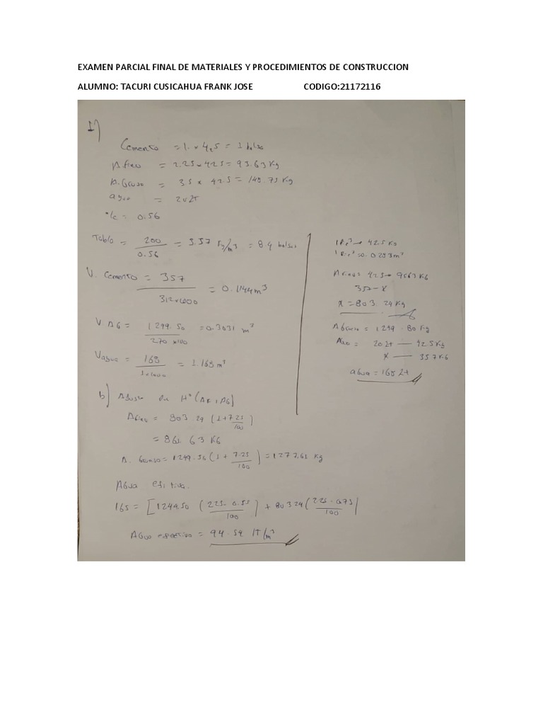Examen Parcial Final de Materiales y Procedimientos de Construccion | PDF