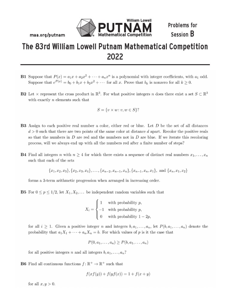 2022 Putnam Problems Session B | PDF