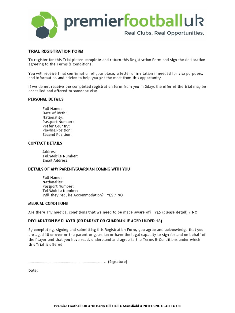 Football Trial Registration Form | PDF | Law