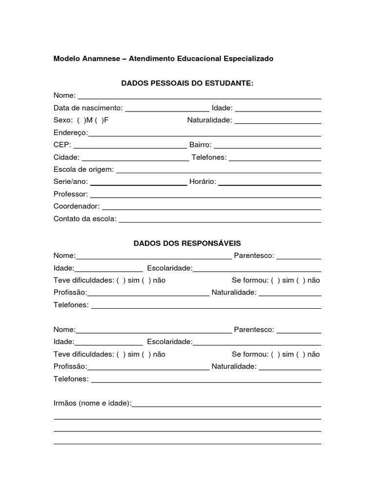 Modelo de Anamnese para Atendimento Educacional Especializado | PDF ...