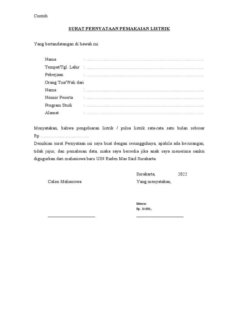 Surat Pernyataan Pemakaian Listrik | PDF