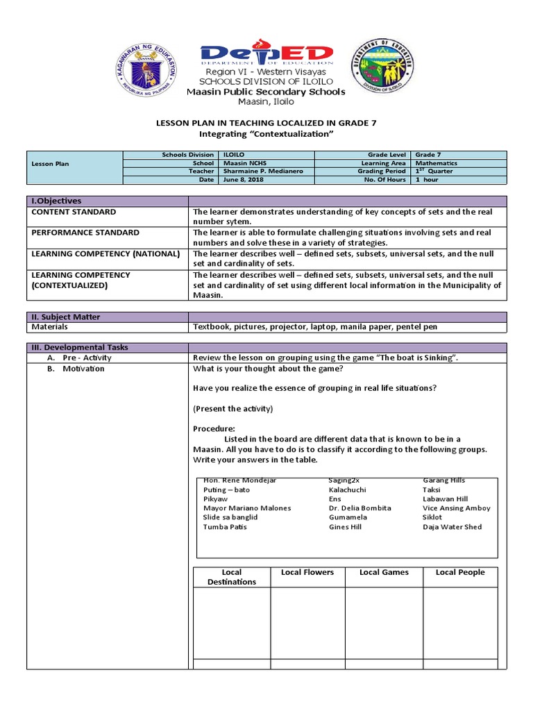 Lesson Plan in Teaching Localized in Grade 7 Integrating ...