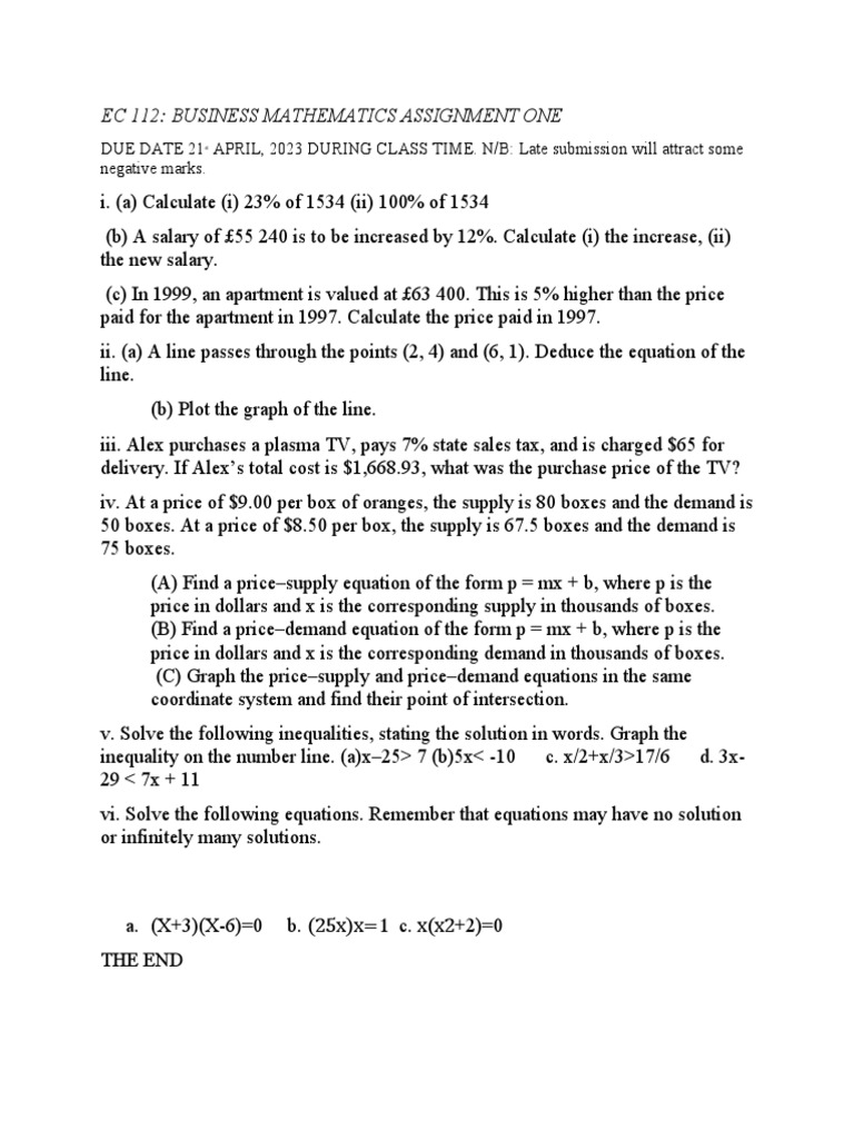 Ec 112: Business Mathematics Assignment One | PDF