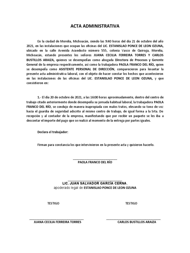 Acta Administrativa de Conducta Laboral | PDF | Ciencias sociales ...