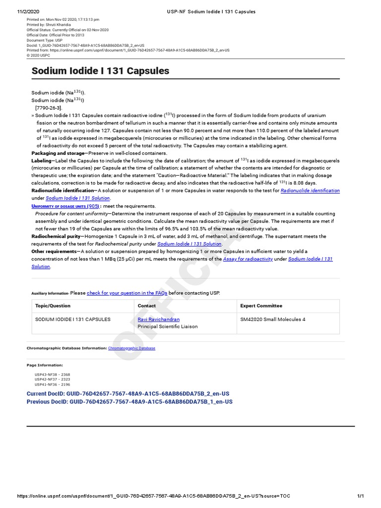 Sodium Iodide I 131 Capsules | PDF | Radioactive Decay | Chemical ...