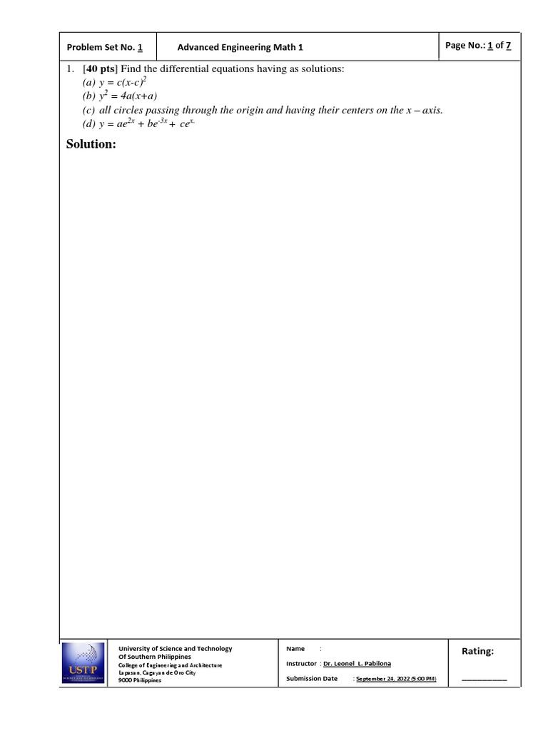 Prob Set No.1 (Advanced Engg Math 1 MEP 504) 2022 | PDF | Mathematical Physics | Mathematical ...