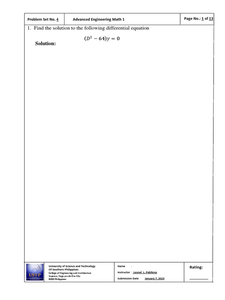 Prob Set No.4 (Advanced Engg Math 1 ME 504) 2022 | PDF | Equations | Mechanics