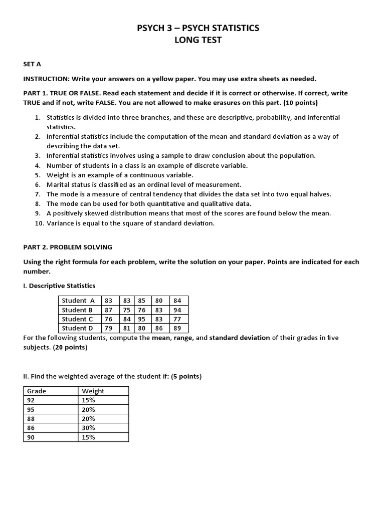 Psych 3 - Psych Statistics Long Test | PDF | Statistics | Standard ...