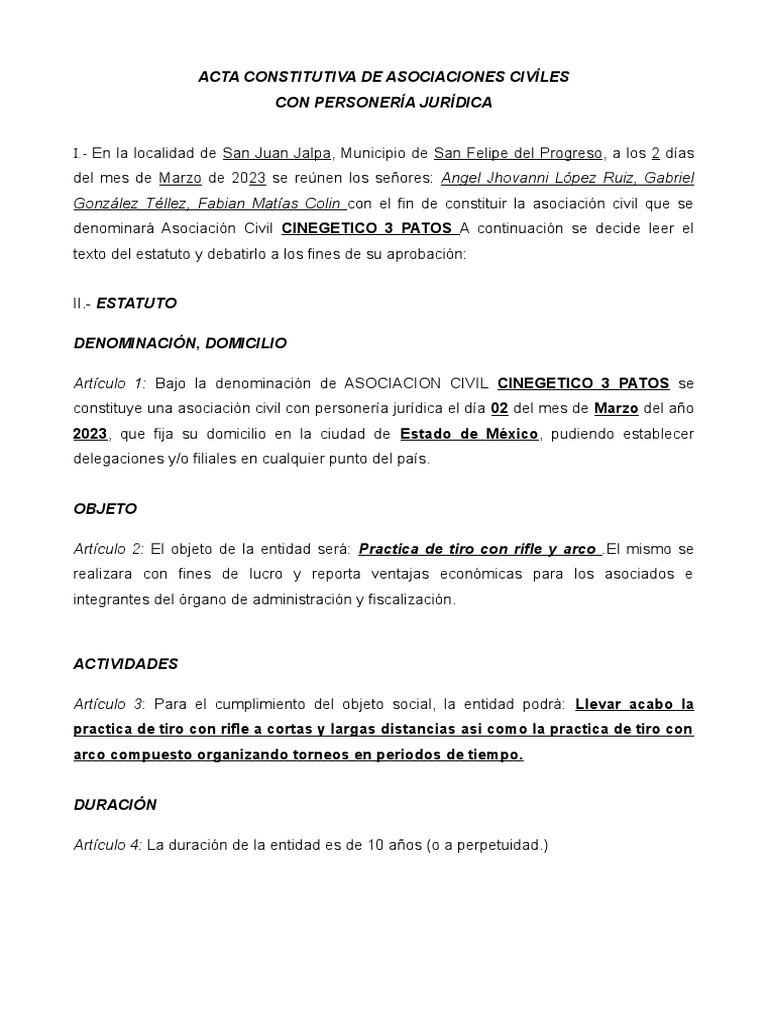 Acta Constitutiva de Asociaciones Civíles Con Personería Jurídica | PDF | Donación | Justicia