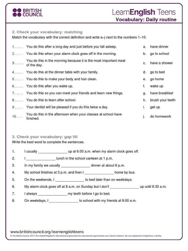 Vocabulary: Daily Routine: 2. Check Your Vocabulary: Matching | PDF