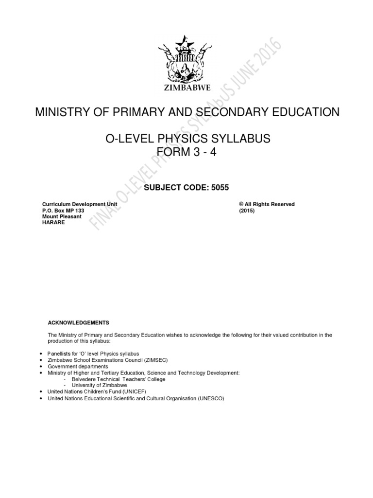 Ministry of Primary and Secondary Education: O-Level Physics Syllabus ...