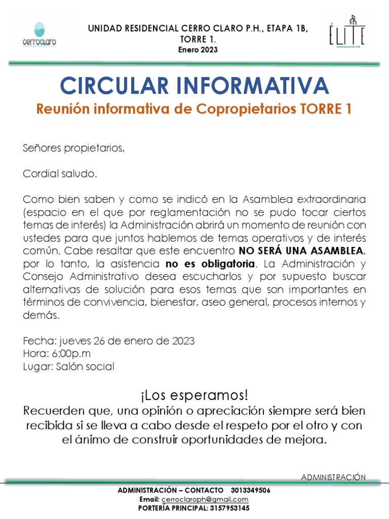 Circular 02. Reunión Informativa de Copropietarios TORRE 1 | PDF