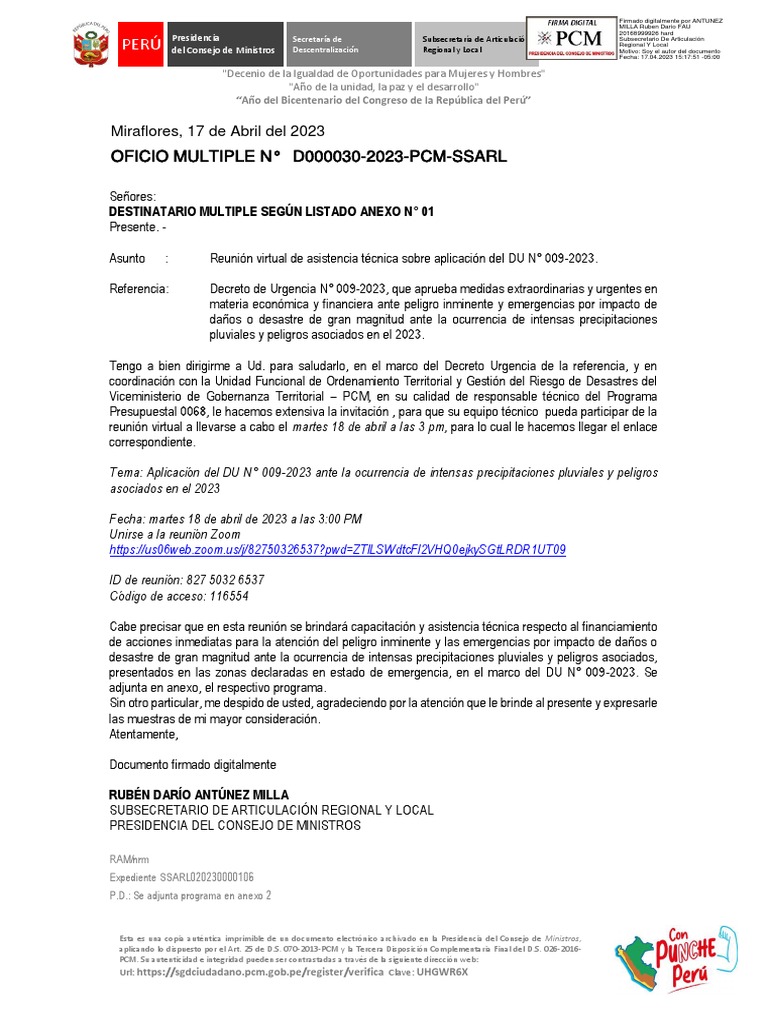 Oficio Mult. 030-2023-Pcm-Ssarl | PDF | Lima | Perú
