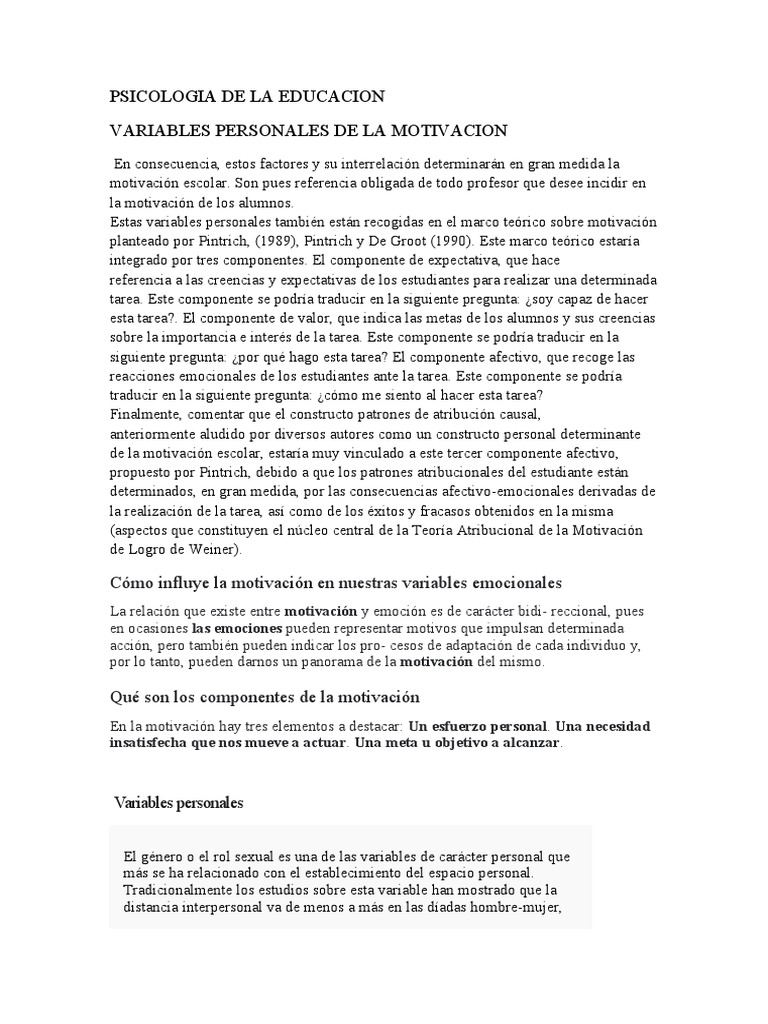 Psicologia de La Educacion Variables Personales de La Motivacion | PDF ...