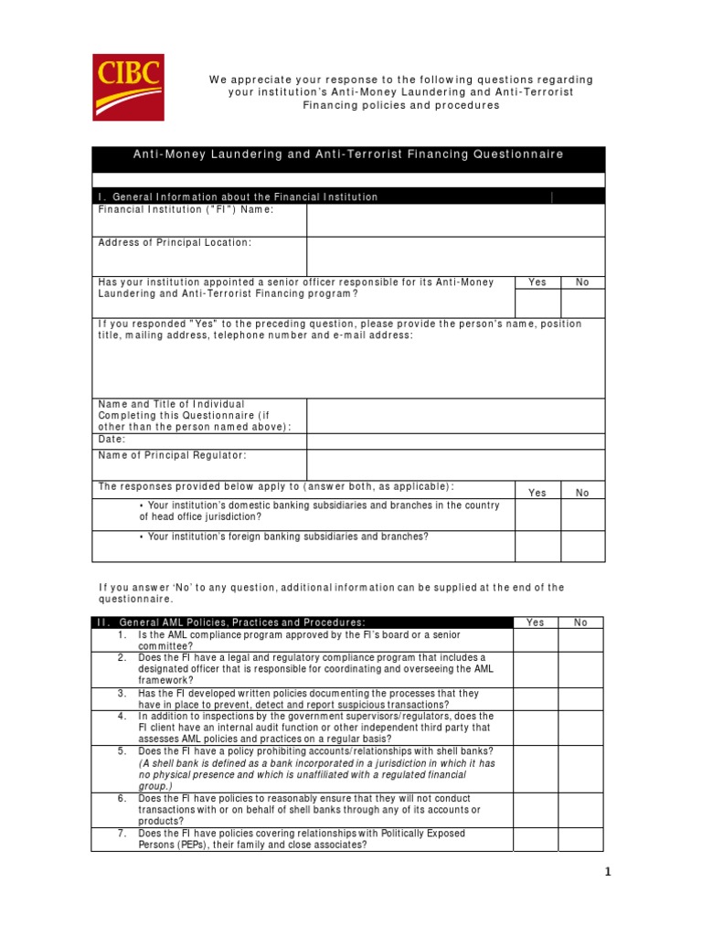 Aml Questionnaire en | PDF | Money Laundering | Business