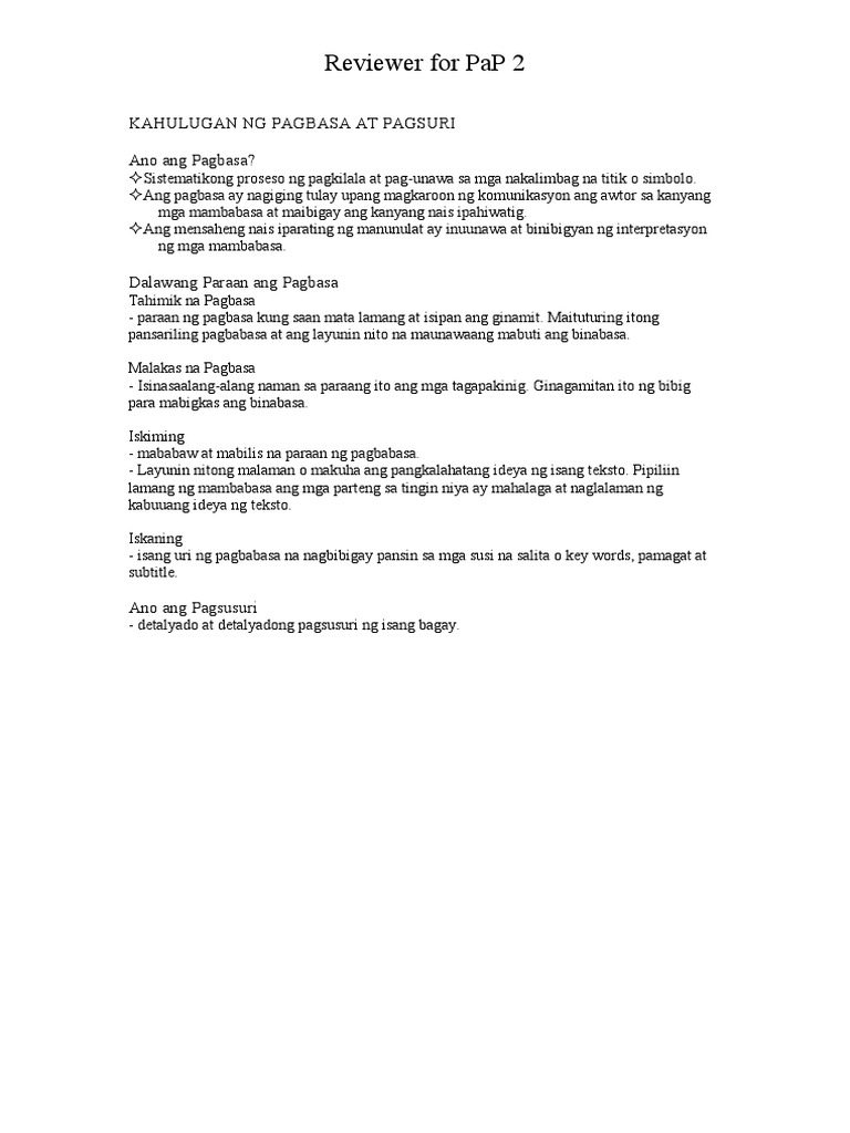 Reviewer For Pap 2: Kahulugan NG Pagbasa at Pagsuri Ano Ang Pagbasa? | PDF