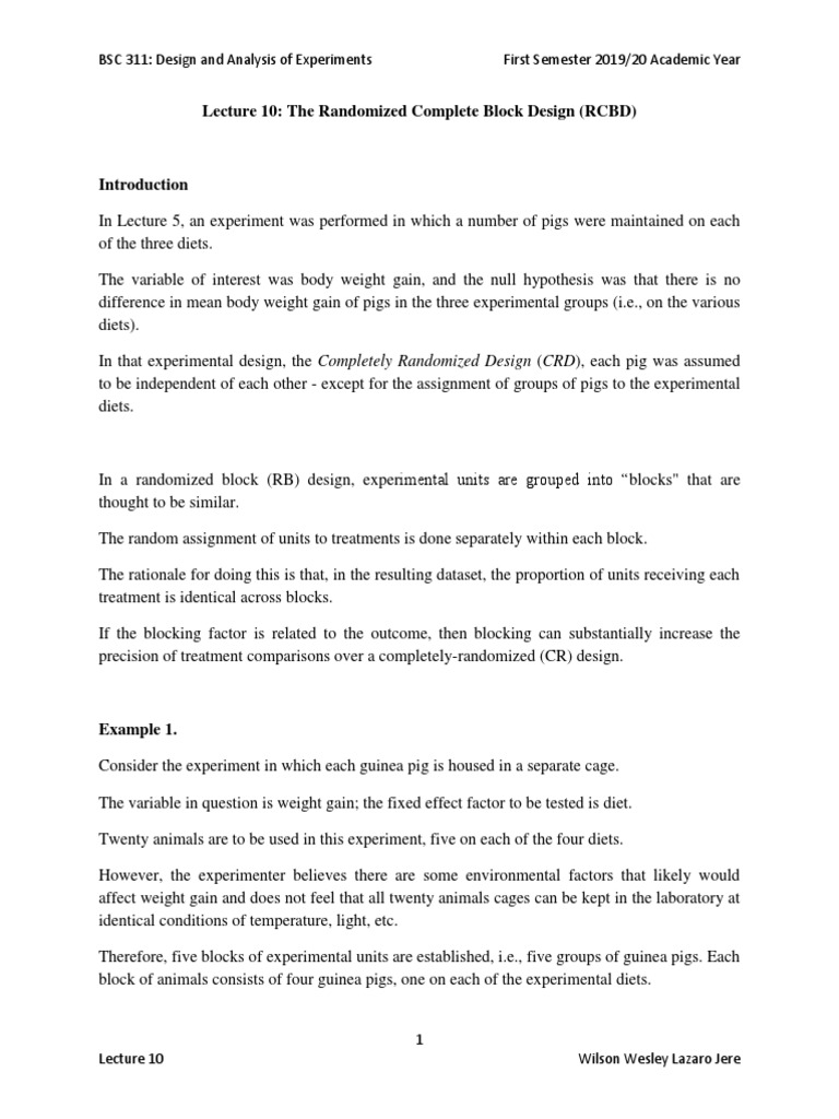 Lecture 10 Randomized Complete Block Design Last Lecture | PDF | Analysis Of Variance | Experiment