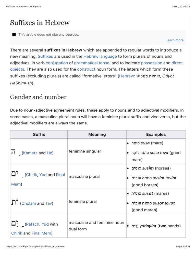 Hebrew Suffixes Explained | PDF | Plural | Grammatical Gender