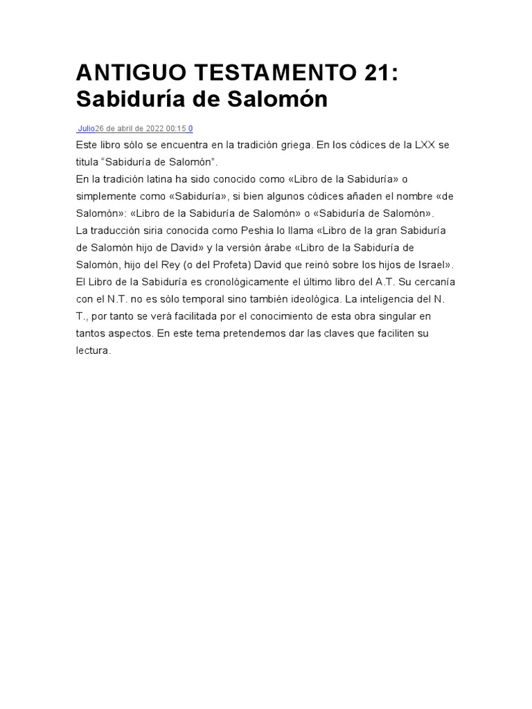 Antiguo Testamento 21: Sabiduría de Salomón | PDF | Historia