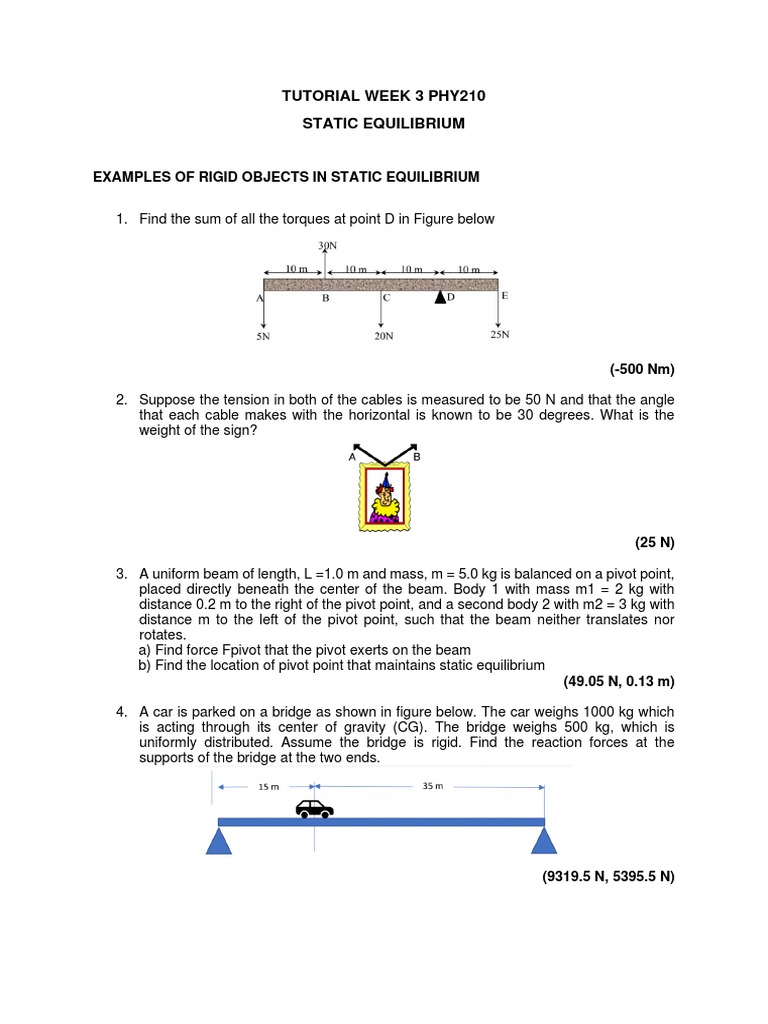 Tutorial Week 3 Phy210 Static Equilibrium | Download Free PDF | Lever | Center Of Mass