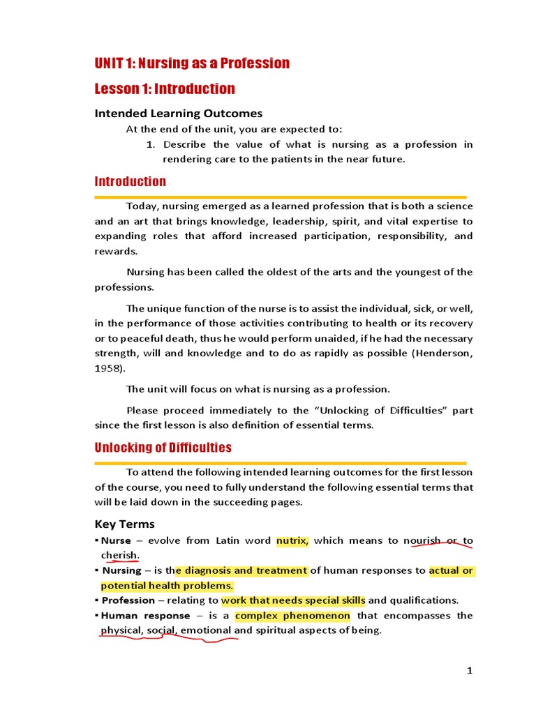 UNIT 1: Nursing As A Profession Lesson 1: Introduction: Intended ...