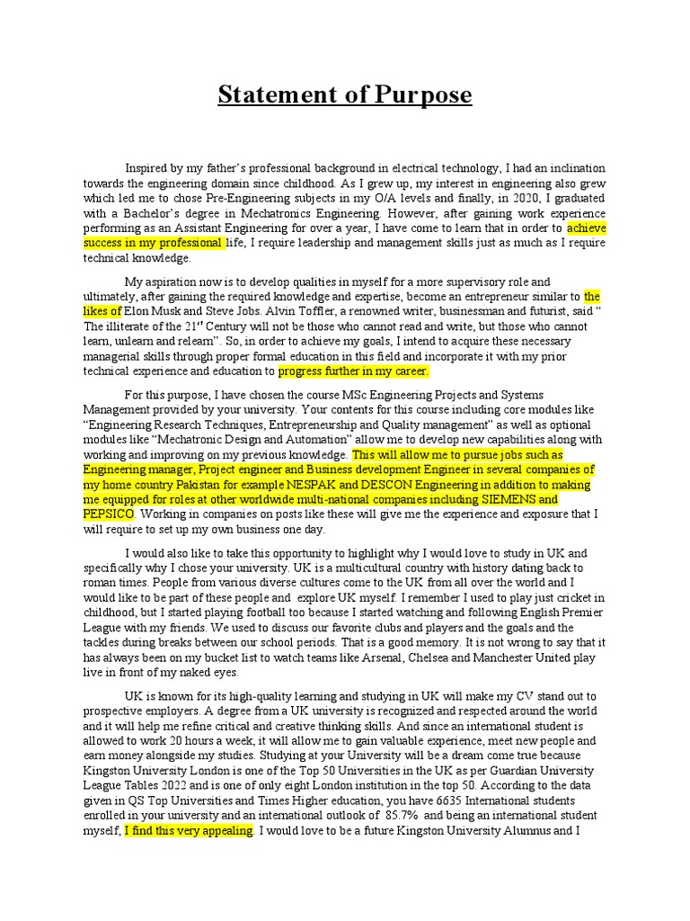 Statement of Purpose | PDF | Engineering | Entrepreneurship