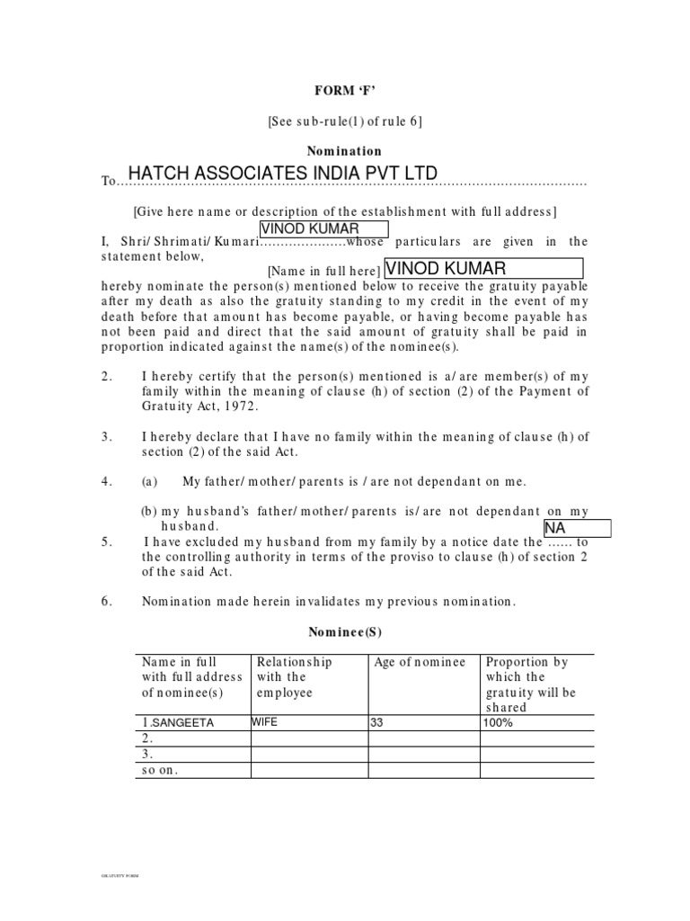 Gratuity Nomination Form F Template | PDF