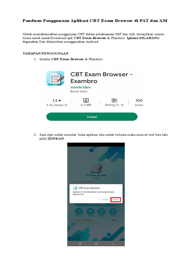 Panduan Penggunaan Aplikasi CBT Exam Browser Di PAT Dan AM | PDF