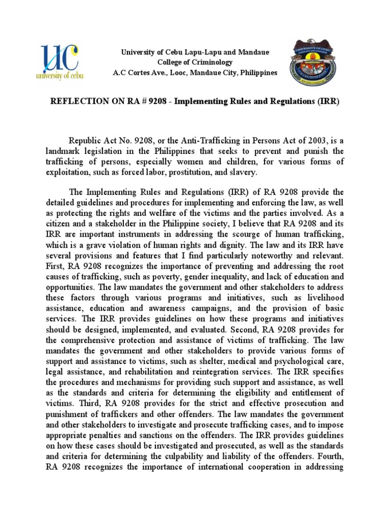 Reflection on RA 9208 and its IRR | PDF | Human Trafficking | Misconduct