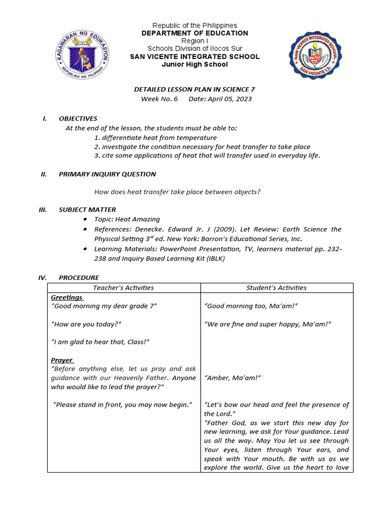 Detailed Lesson Plan in Science 7: How Does Heat Transfer Take Place ...