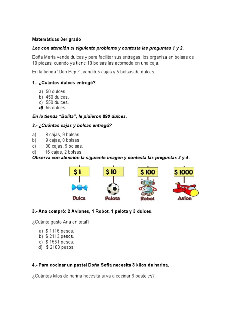 Examen Matemáticas 3er Grado | PDF
