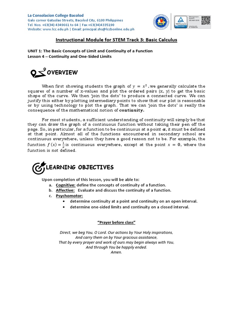 Unit 1 The Basic Concepts Of Limit And Continuity Of A Function Lesson 4 Continuity And One