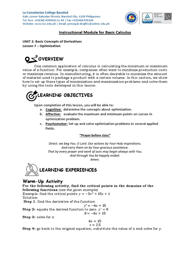 UNIT 2: Basic Concepts of Derivatives Lesson 7 - Optimization | PDF ...