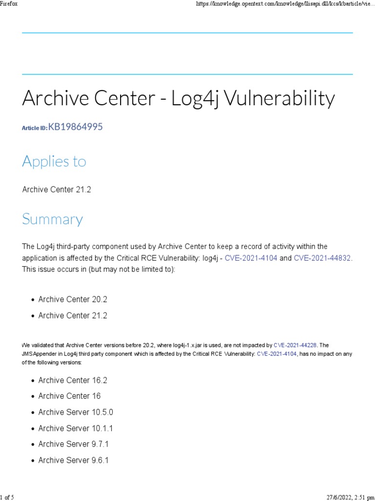 Opentext Log4j KB19864995 | PDF | Zip (File Format) | Computer File