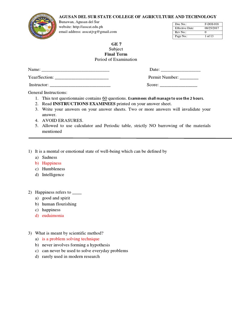 Ge7 Final Term | PDF | Falsifiability | Happiness