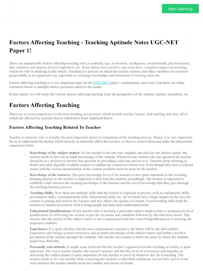 Factors Affecting Teaching - Teaching Aptitude For UGC-NET Paper1 | PDF