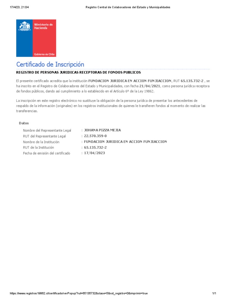 Certificado de Inscripción: Registro de Personas Juridicas Receptoras de Fondos Publicos | PDF