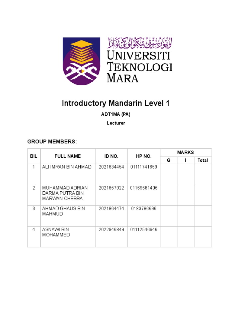Introductory Mandarin Level 1: Group Members | PDF
