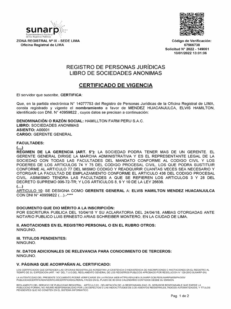 CERTIFICADO DE VIGENCIA 2022 | PDF