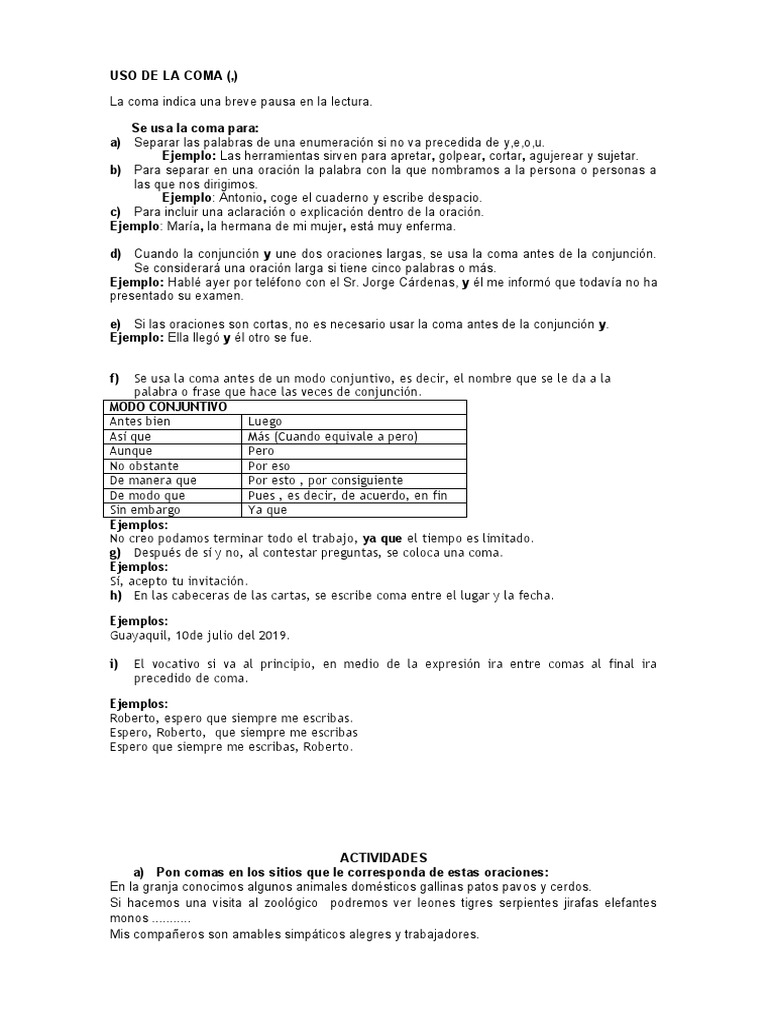 Uso de la Coma: Ejemplos y Ejercicios | PDF | Oración (Lingüística)