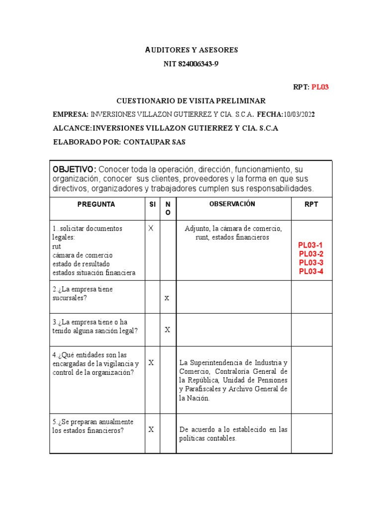 03-PL03 Cuestionario de Visita Preliminar | PDF | Auditoría
