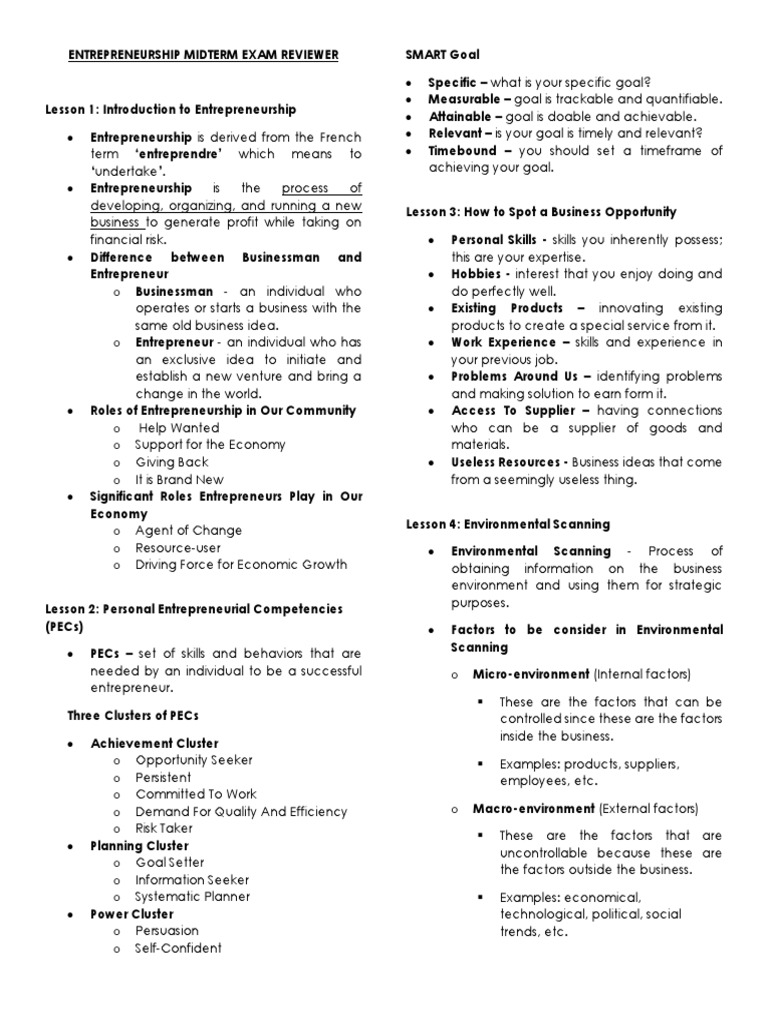 Entrepreneurship Midterm Exam Reviewer | PDF | Entrepreneurship | Goal