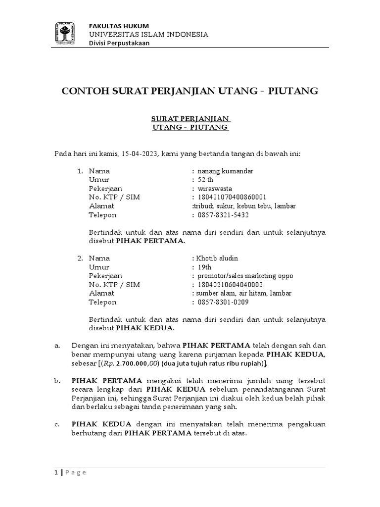 Contoh Surat Perjanjian Utang Piutang FH UII | PDF