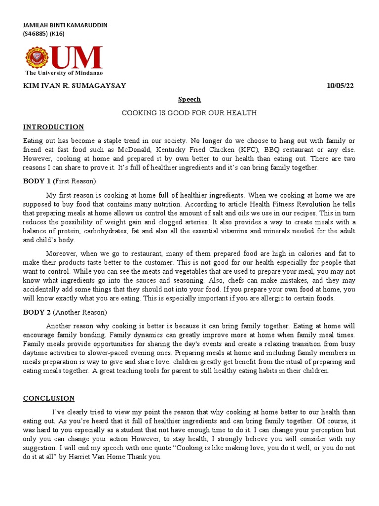 Persuasive Speech Topic COOKING IS GOOD | PDF | Cooking, Food & Wine