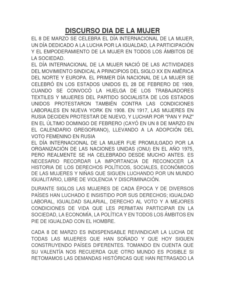 Discurso Dia de La Mujer | PDF | Igualdad de género | Estudios de género