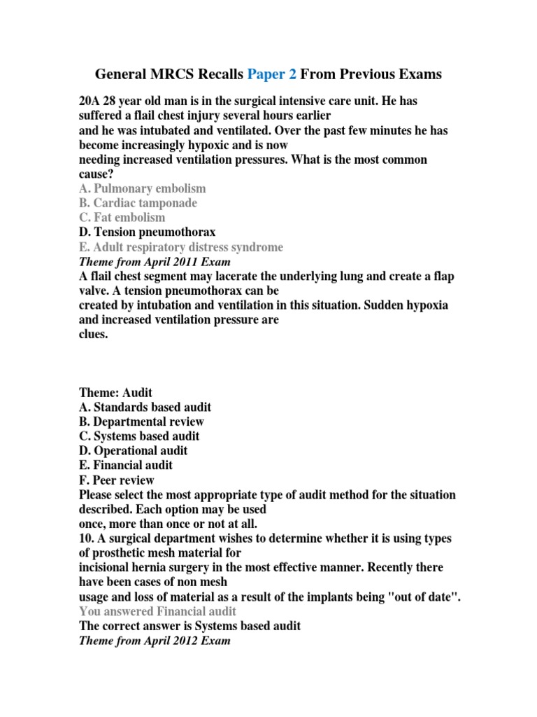 General-Mrcs-Recalls-Paper-2-From-Previous-Exams . | PDF | Pancreatic ...