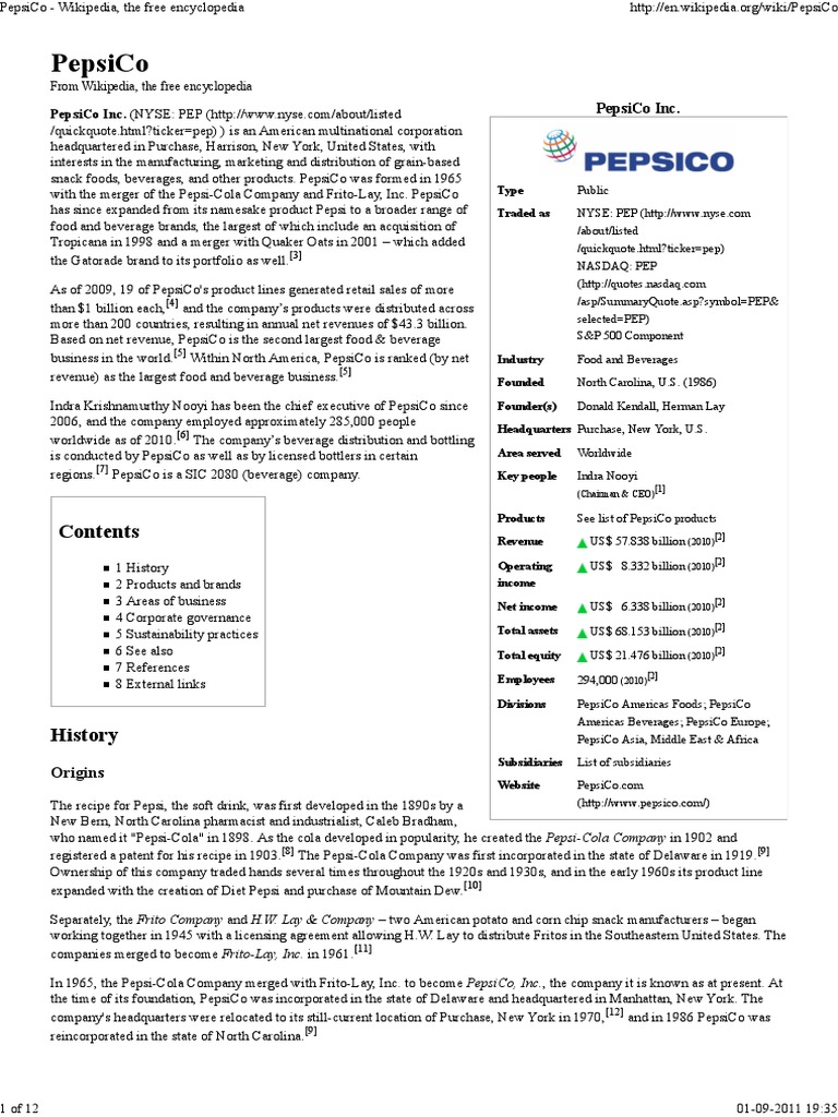 PepsiCo - Wikipedia, The Free Encyclopedia | PDF | Pepsi Co | Food Industry