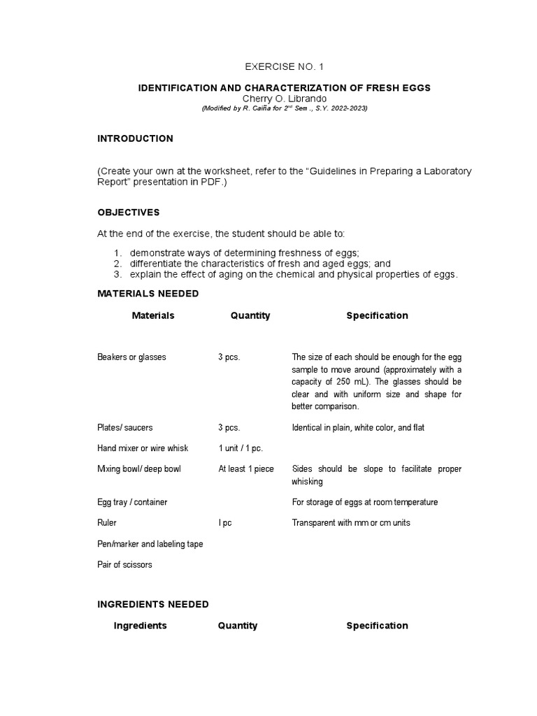Ex.1 Identification and Characterization of Fresh Eggs | PDF | Egg ...